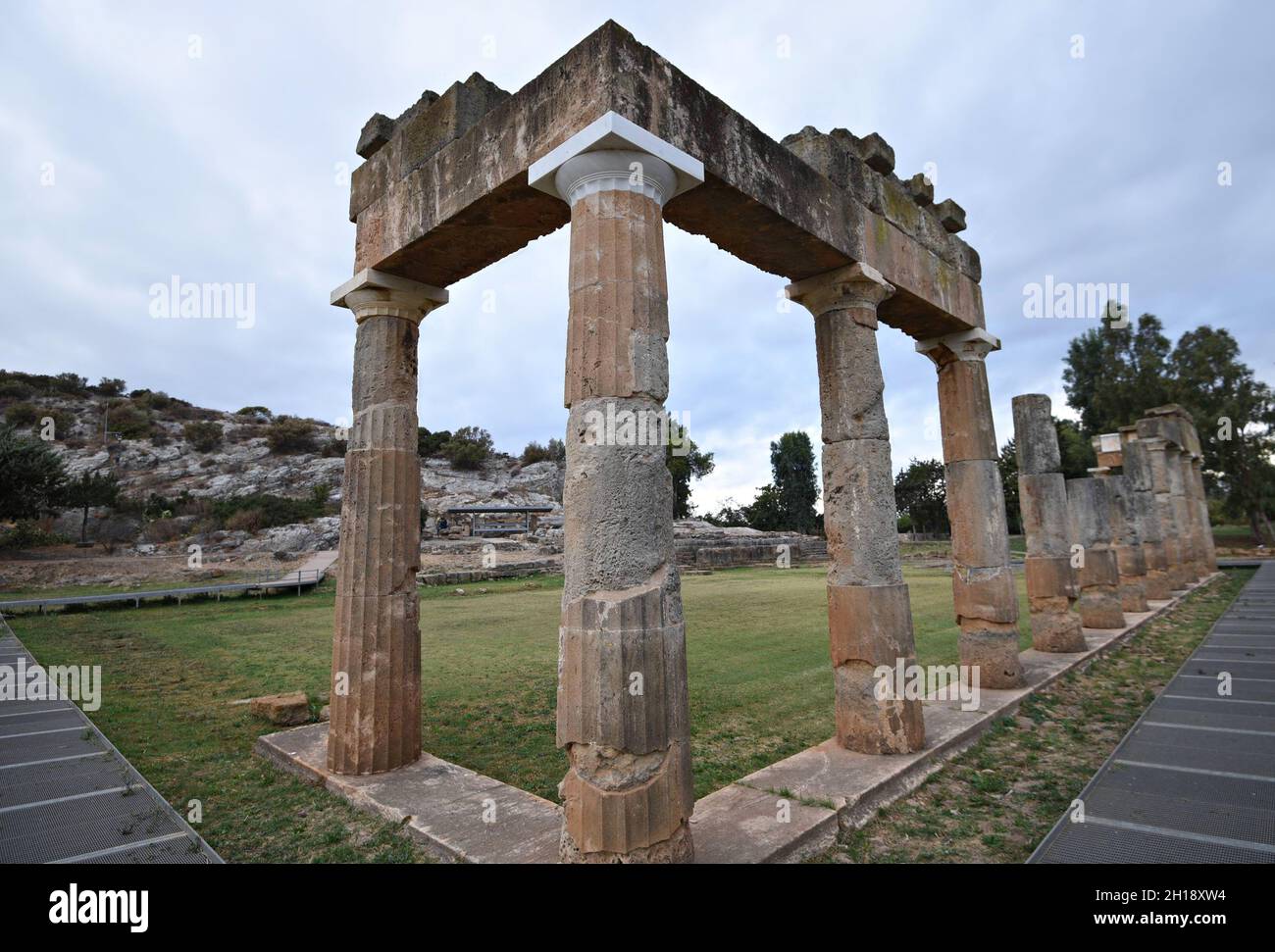 Landscape with scenic view of the ancient Doric order Temple of ...