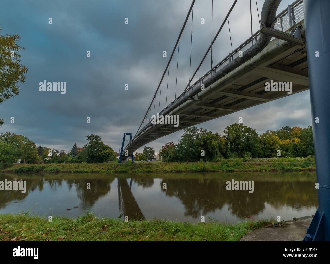 River Labe in central Bohemian town Kolin in autumn color morning after ...