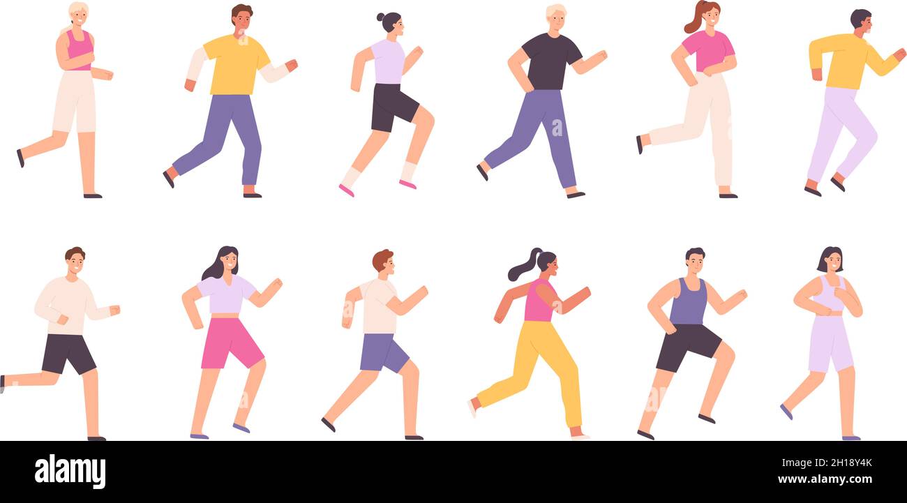 Cartoon athlete characters jogging, running marathon or race. Runners ...