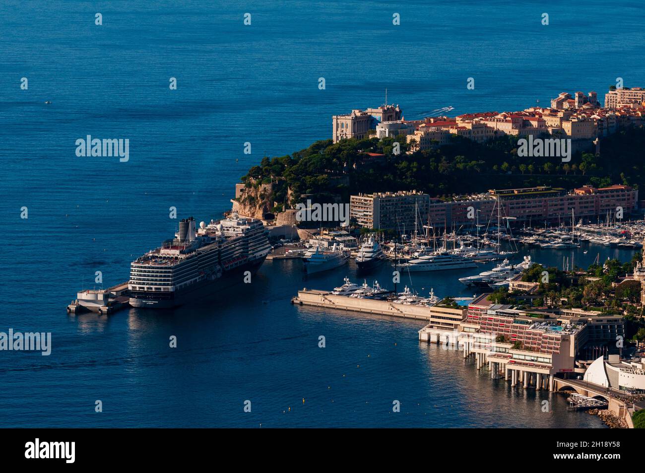 An elevated view of Monte Carlo harbor, and the rock of Monaco. Monaco ...