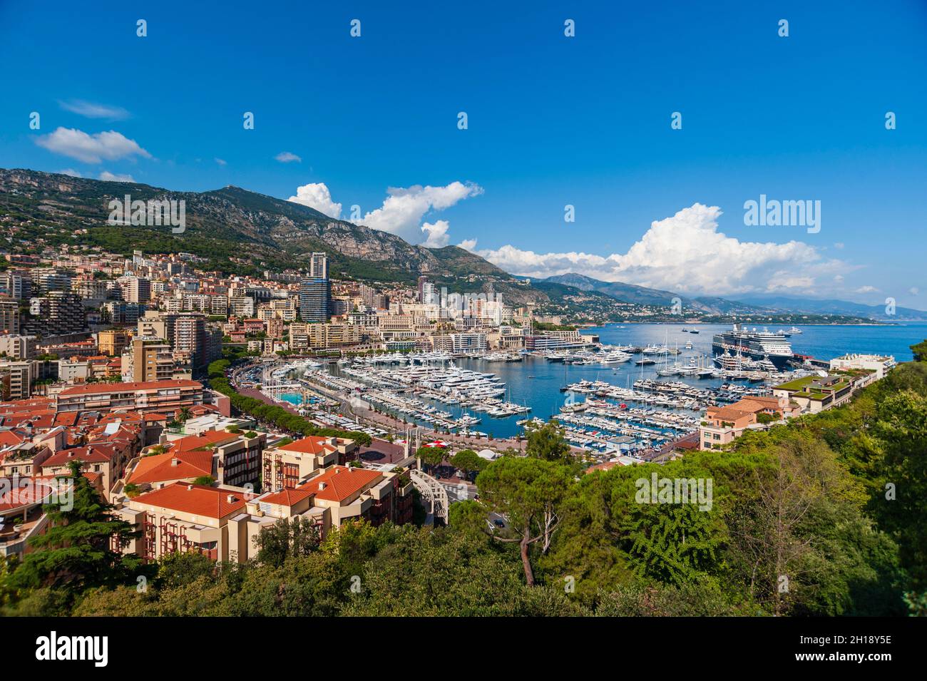 A view of Monte Carlo harbor, and the districts of La Condamine and Monte Carlo. Monaco Stock ...