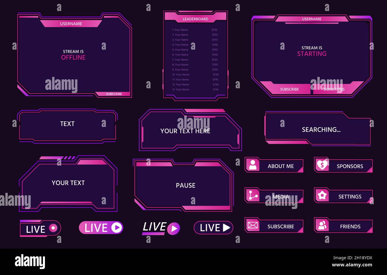 Live stream interface overlay frames for gamer broadcast. Cyber hud ...