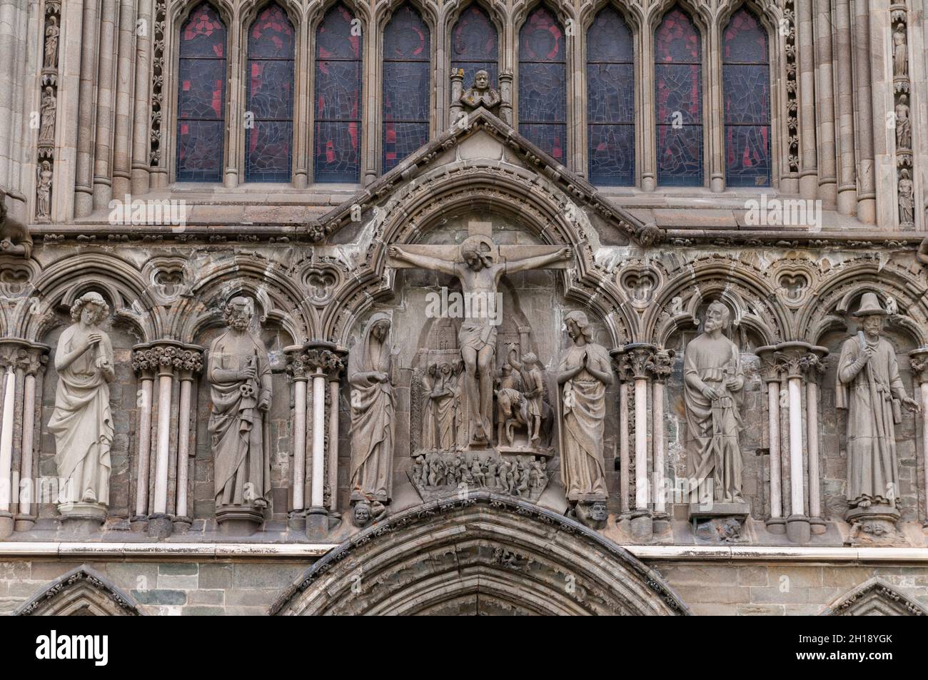 Statues in the frieze on the facade of the medieval Nidaros Cathedral ...