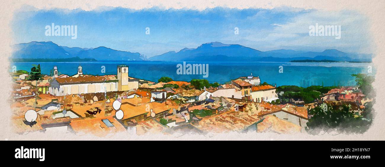 Watercolor drawing of Panorama of Desenzano del Garda town with red ...