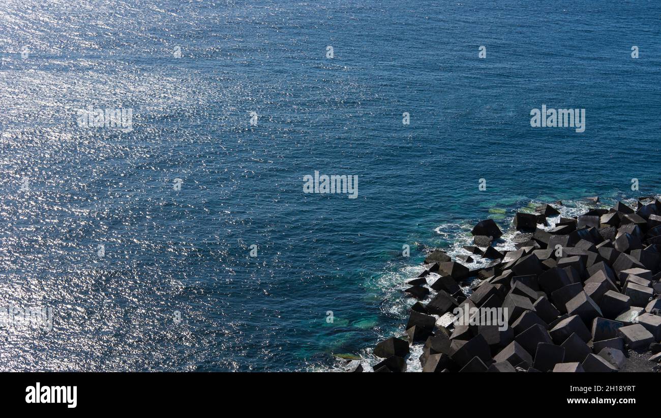 View from above with copy space of Atlantic Ocean and coastal structure ...
