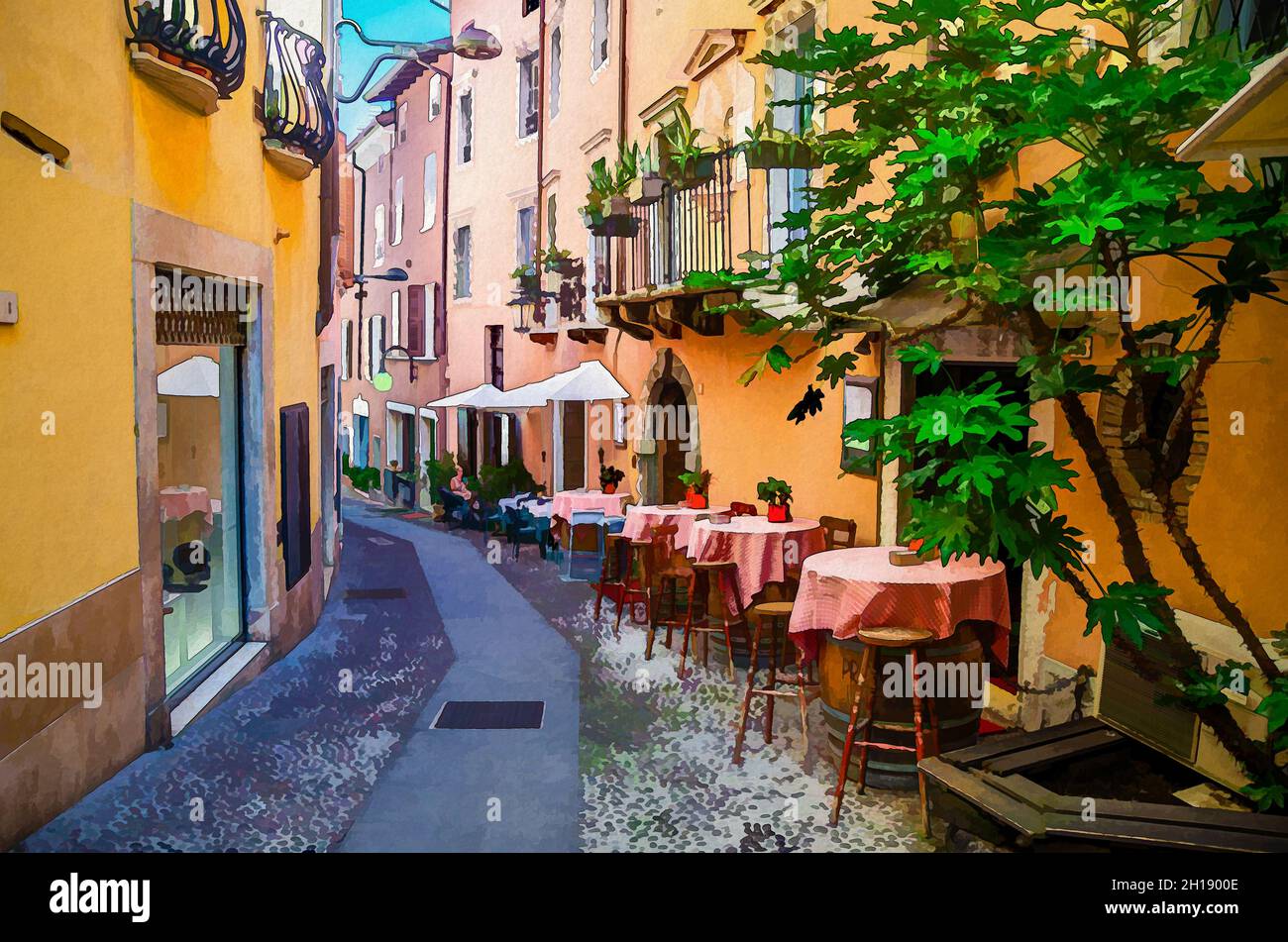 Watercolor drawing of restaurant tables on wooden barrels and chairs in ...