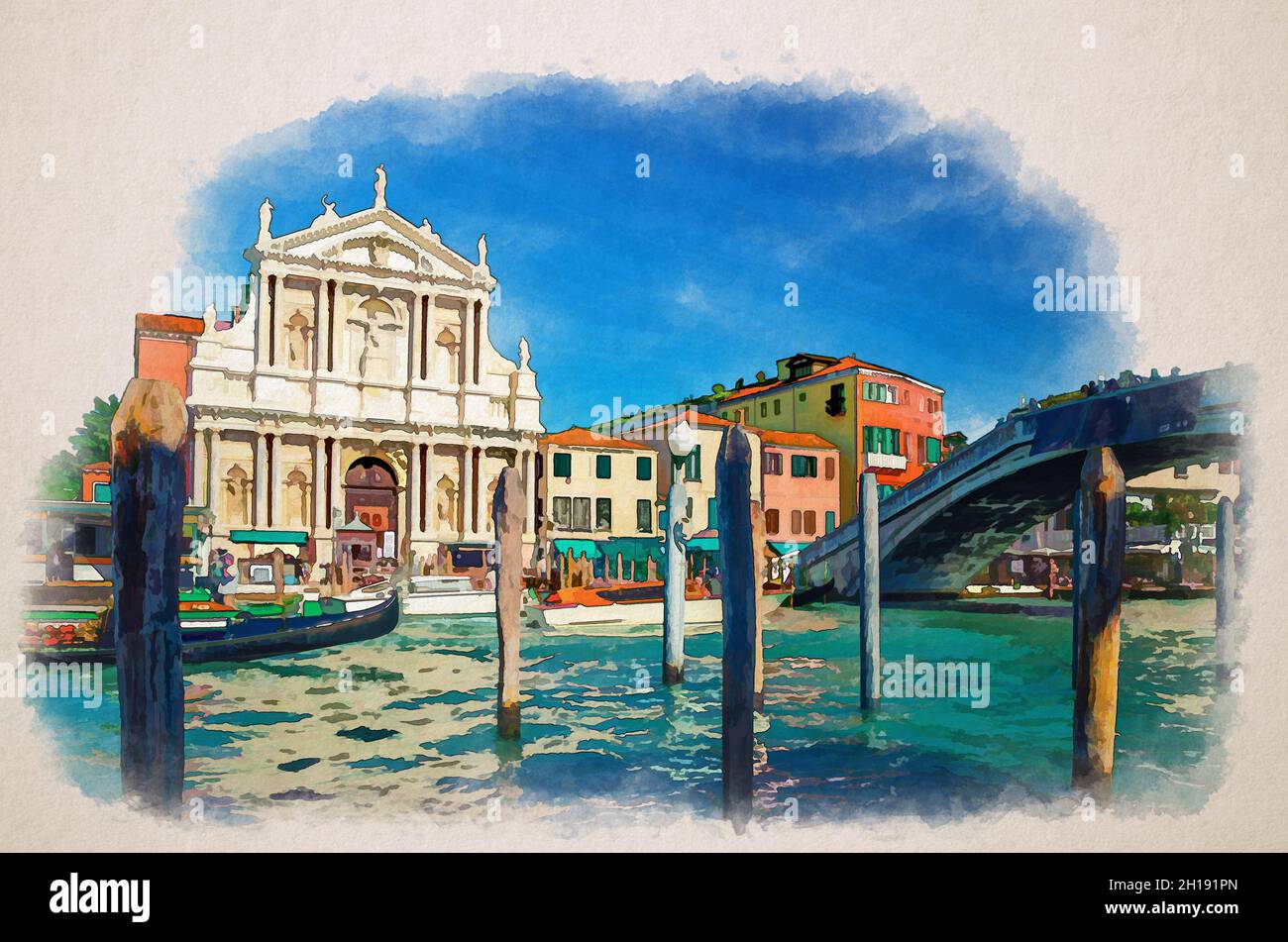 Watercolor drawing of Venice cityscape with yachts and gondolas sailing ...