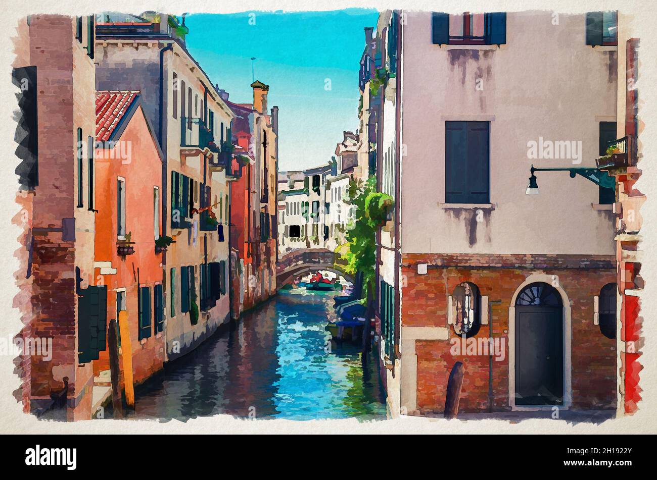 Watercolor drawing of Venice cityscape with narrow water canal with ...