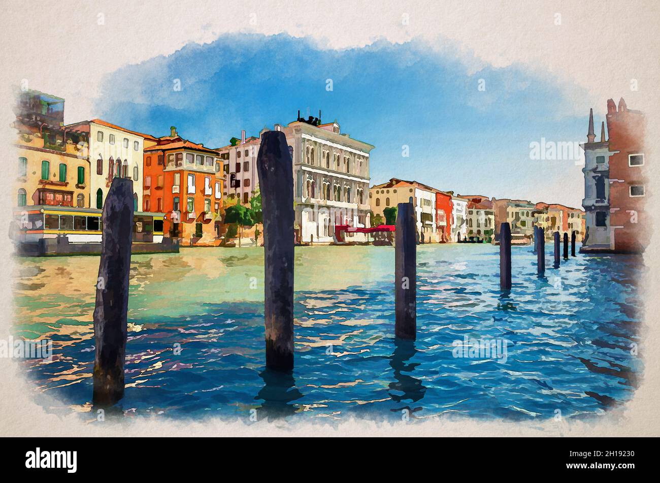 Watercolor drawing of Grand Canal waterway with wooden poles in water ...