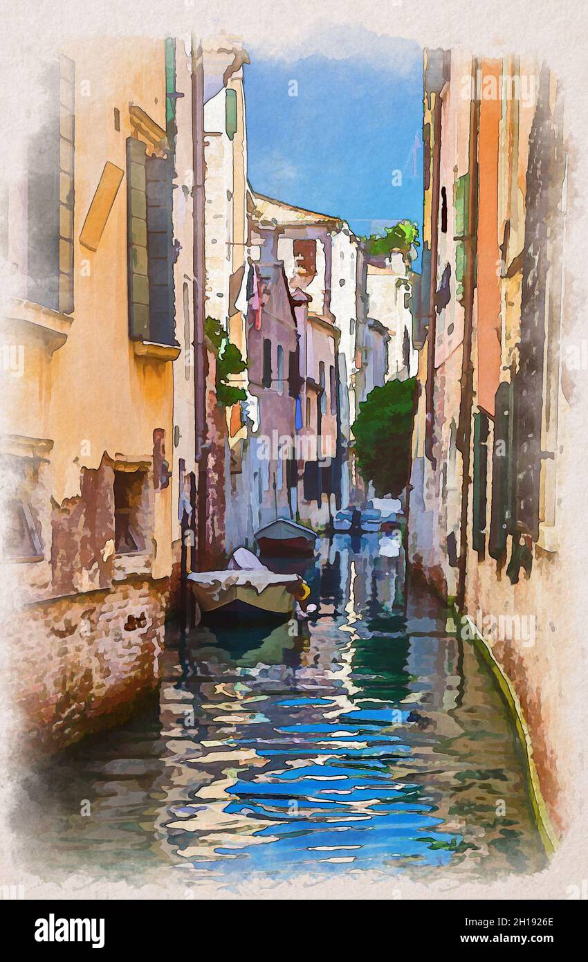 Watercolor drawing of Venice cityscape with narrow water canal with ...