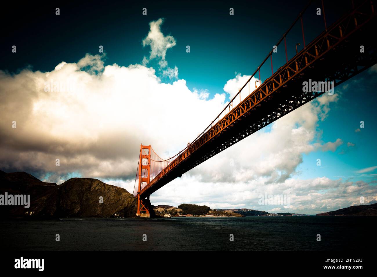 Heavy clouds over the Golden Gate Bridge, seen from below. Golden Gate ...