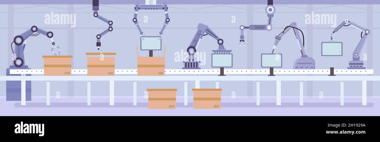 Flat automated robot arms on factory assembly line. Manufacture ...