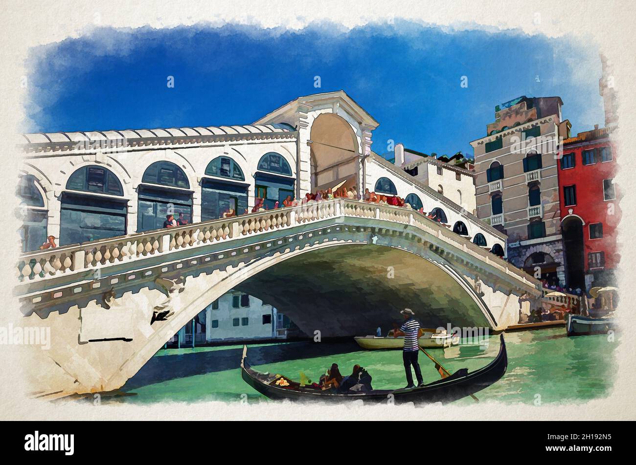Watercolor drawing of Venice: gondolier on gondola traditional boat ...
