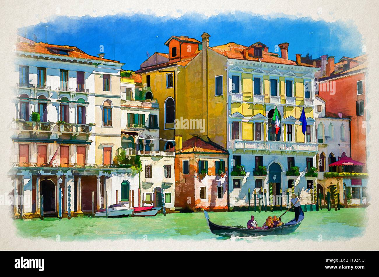 Watercolor drawing of Venice: gondolier and tourists on gondola ...