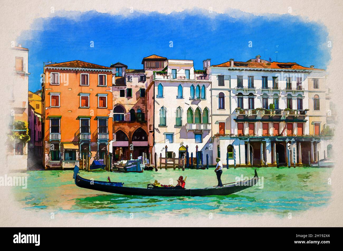 Watercolor drawing of Venice: gondolier and tourists on gondola ...