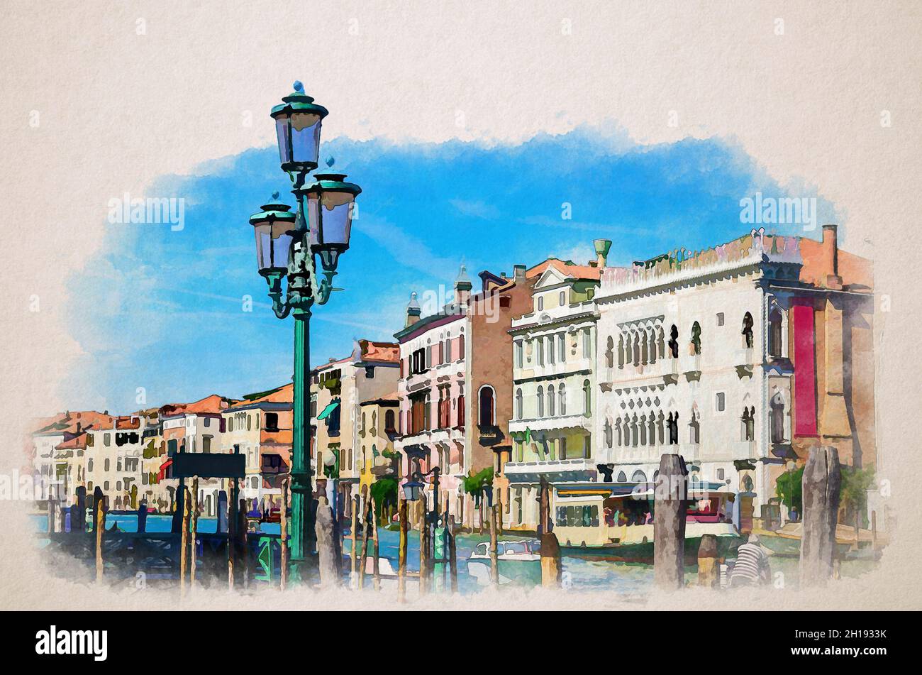 Watercolor drawing of Pier dock with wooden poles of Grand Canal ...