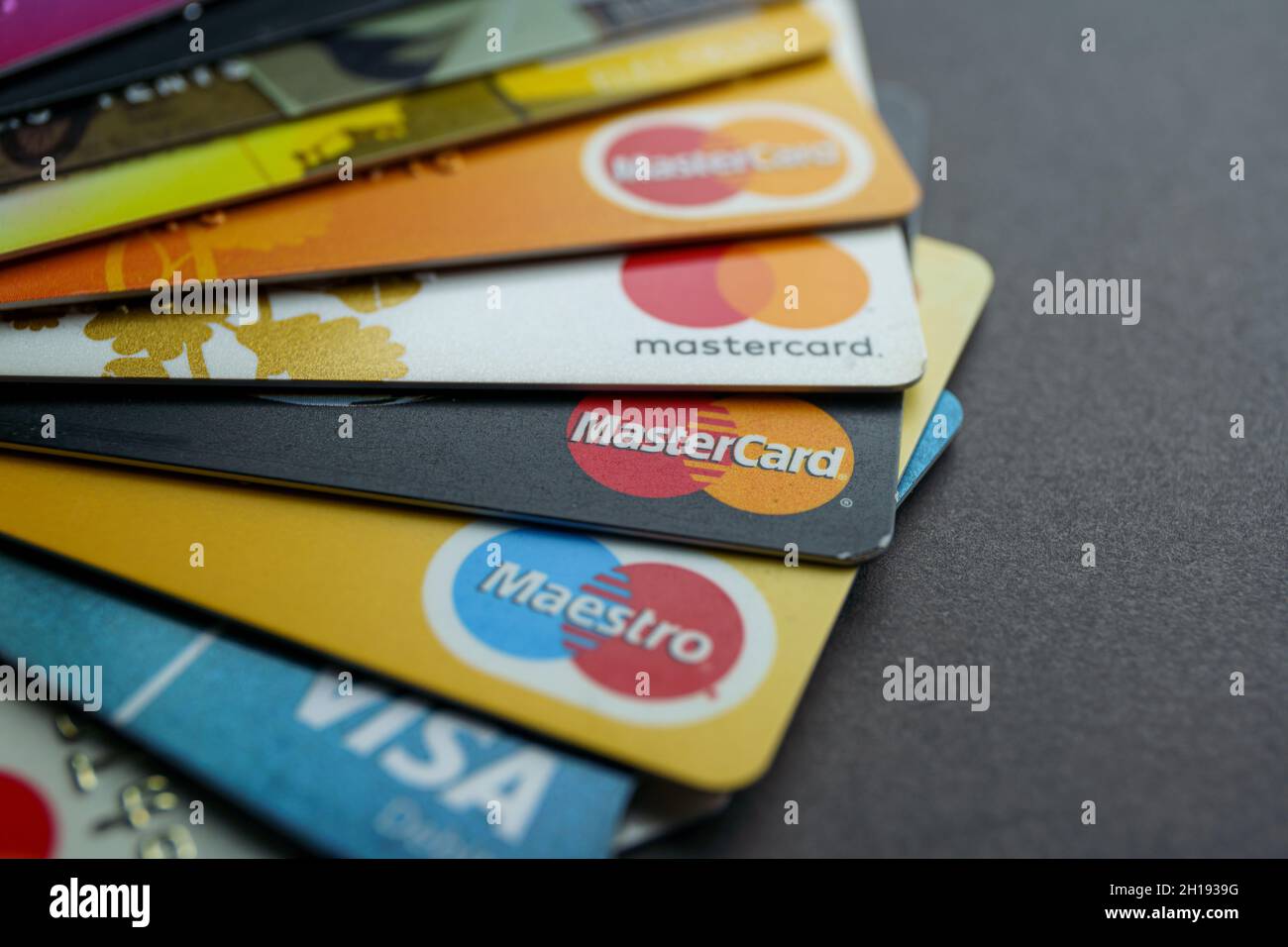 Credit and debit cards. MasterCard, Visa, Maestro Stock Photo - Alamy