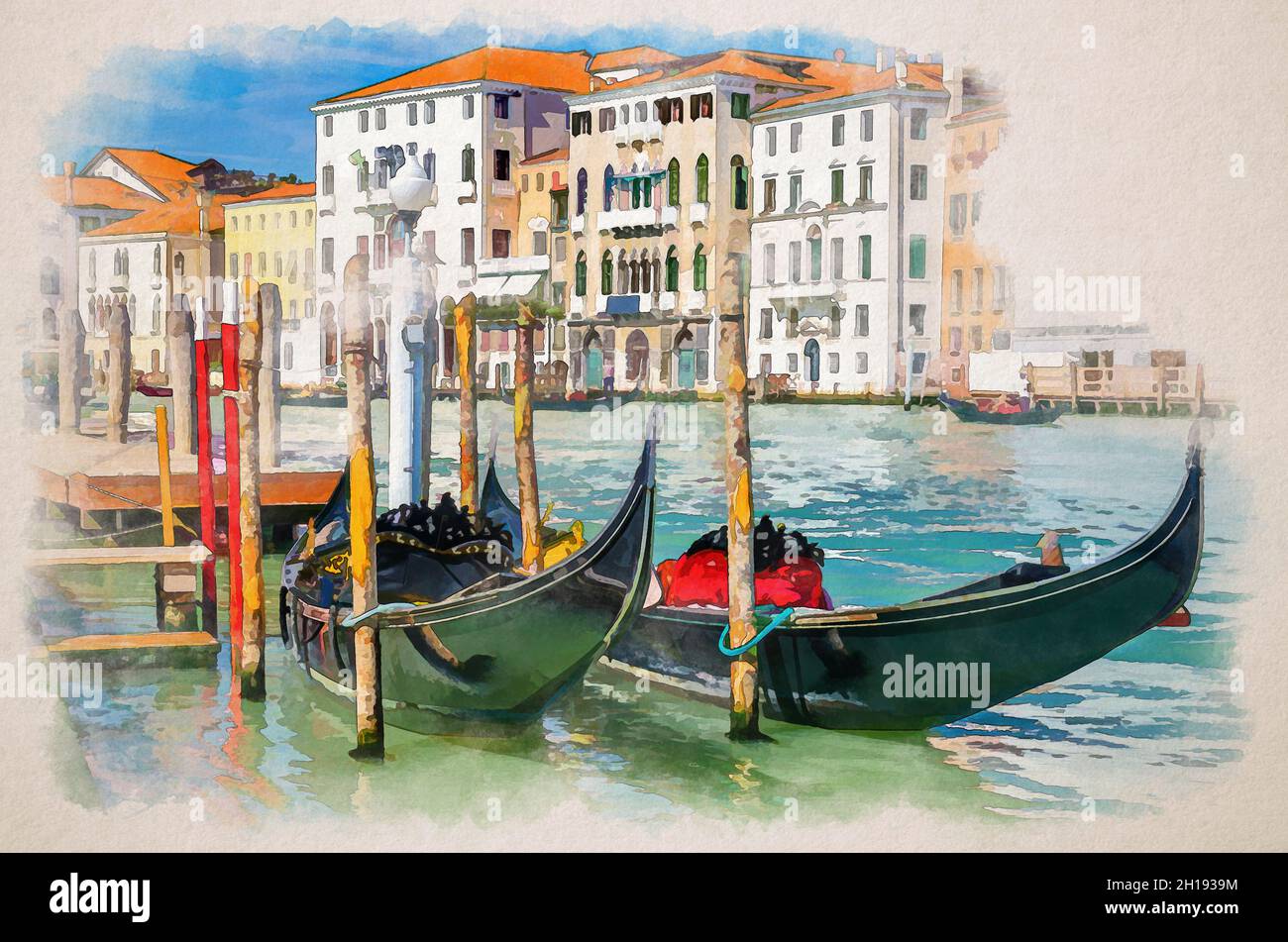 Watercolor drawing of Gondolas traditional boats moored in wooden pier ...