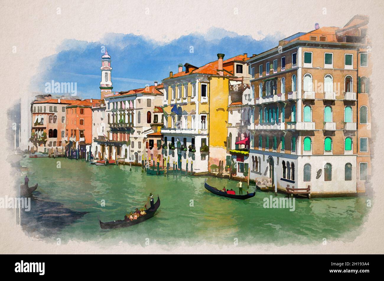 Watercolor drawing of Venice: gondolier on gondola traditional boat ...