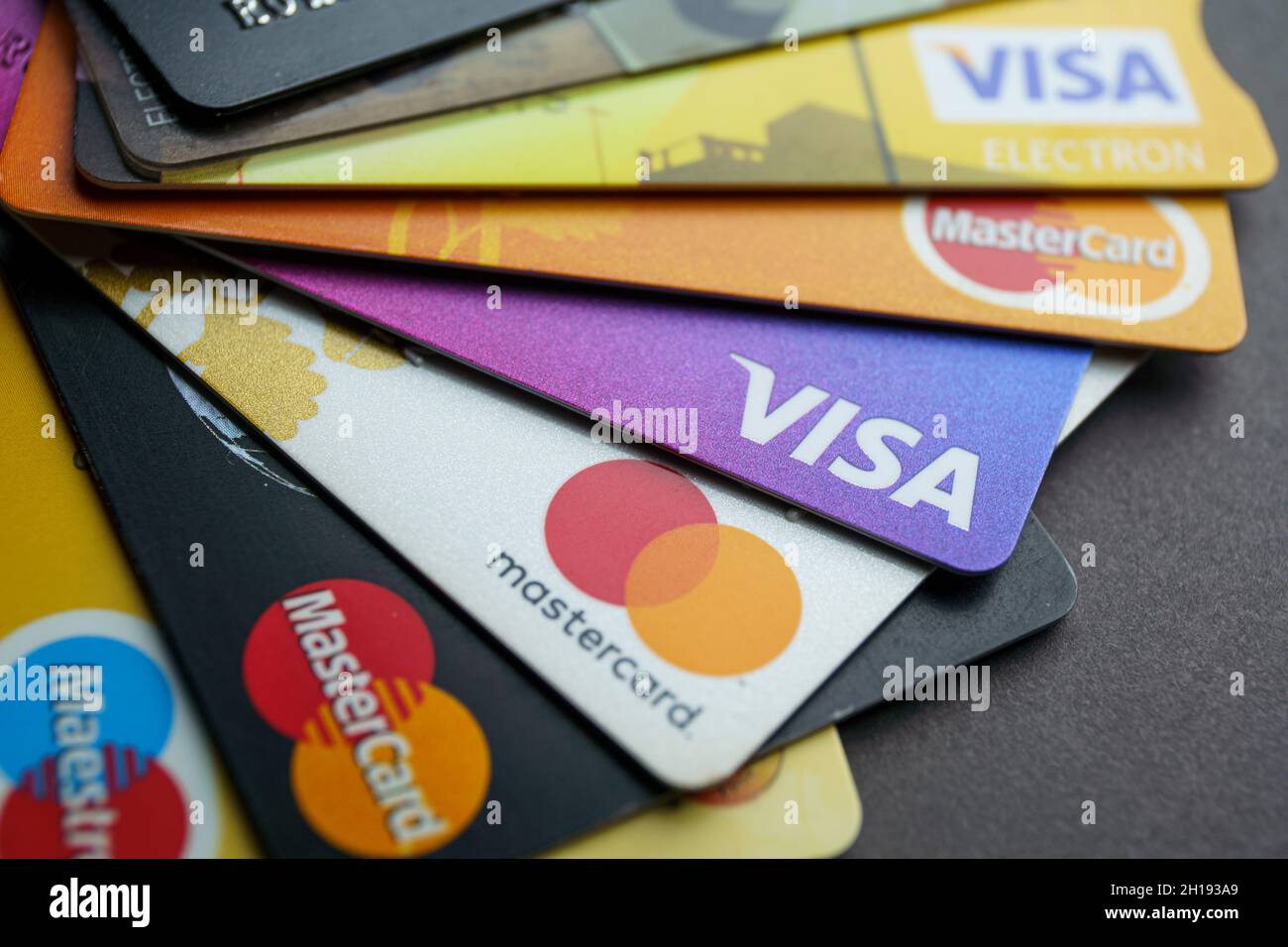 Credit and debit cards. MasterCard, Visa, Maestro Stock Photo - Alamy