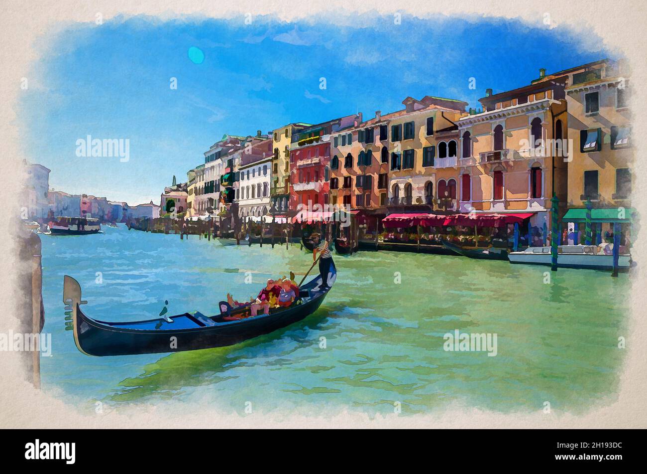 Watercolor drawing of Venice: gondolier and tourists on gondola ...