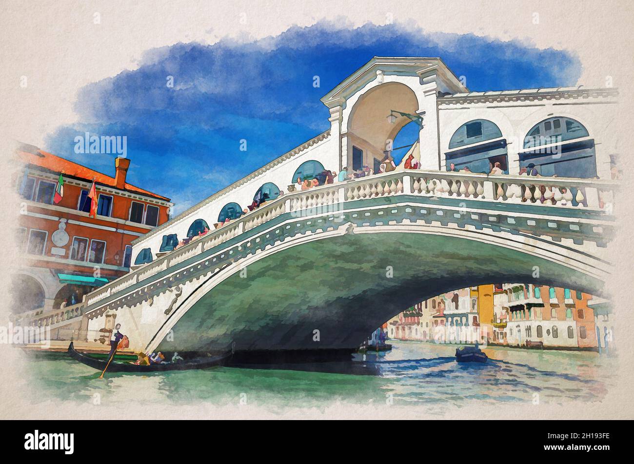 Watercolor drawing of Venice: gondolier on gondola traditional boat ...