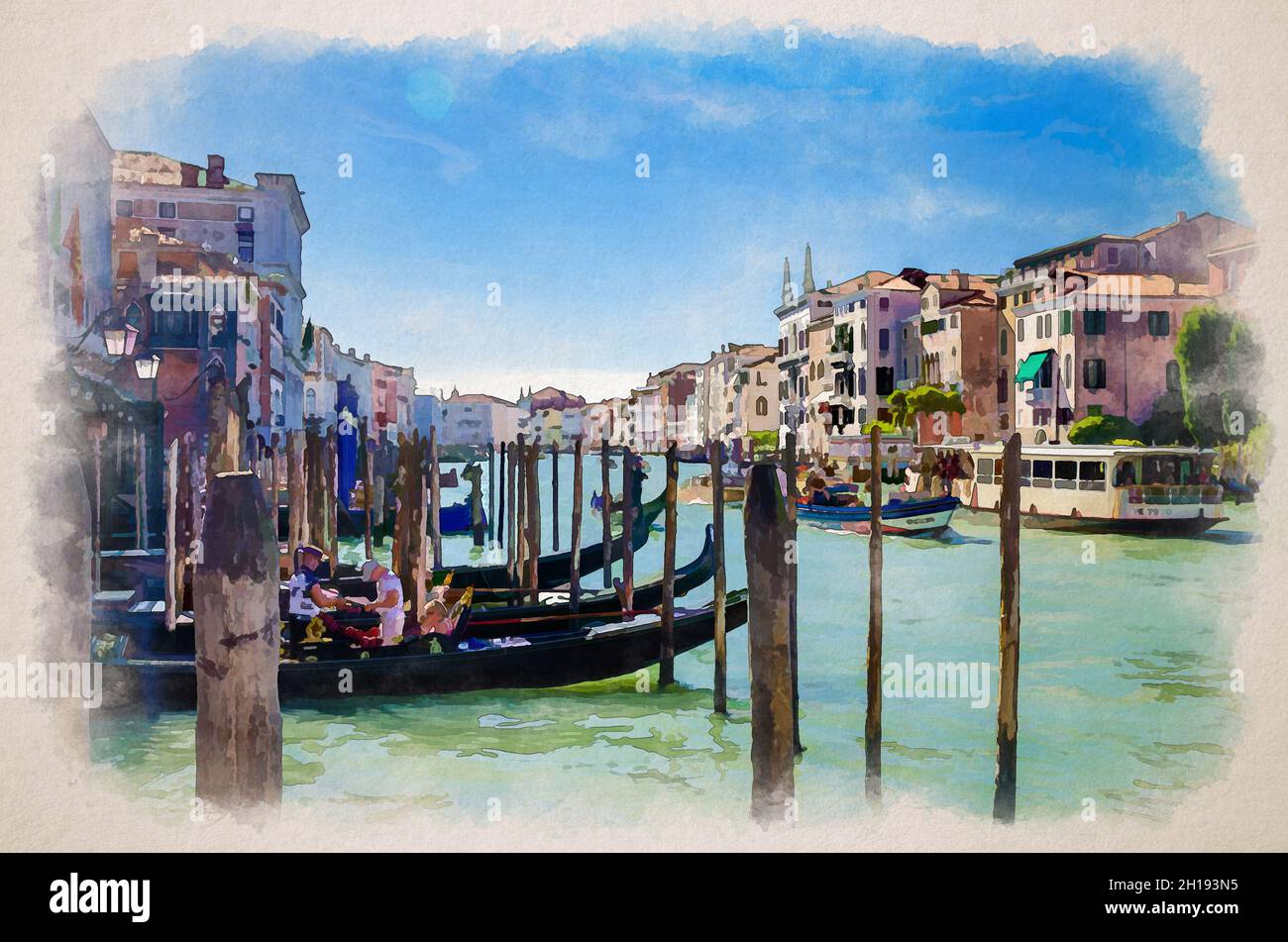 Watercolor drawing of Venice: gondolier on moored gondola traditional ...
