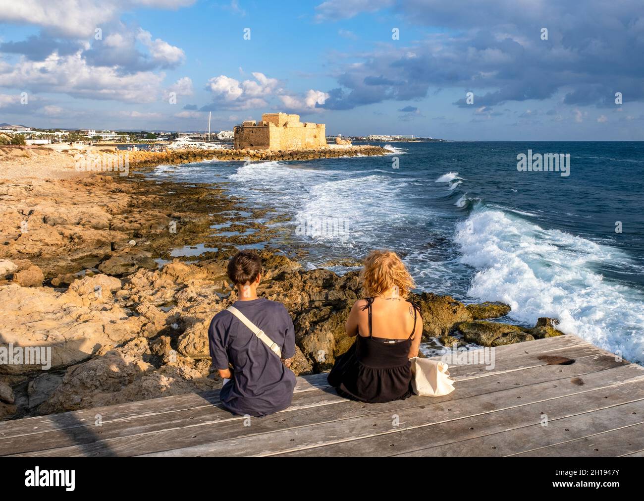 Rocky coastline at Paphos Castle, (fort) Paphos, Cyprus Stock Photo - Alamy