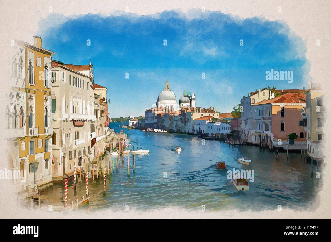 Watercolor drawing of Venice cityscape with Grand Canal waterway ...