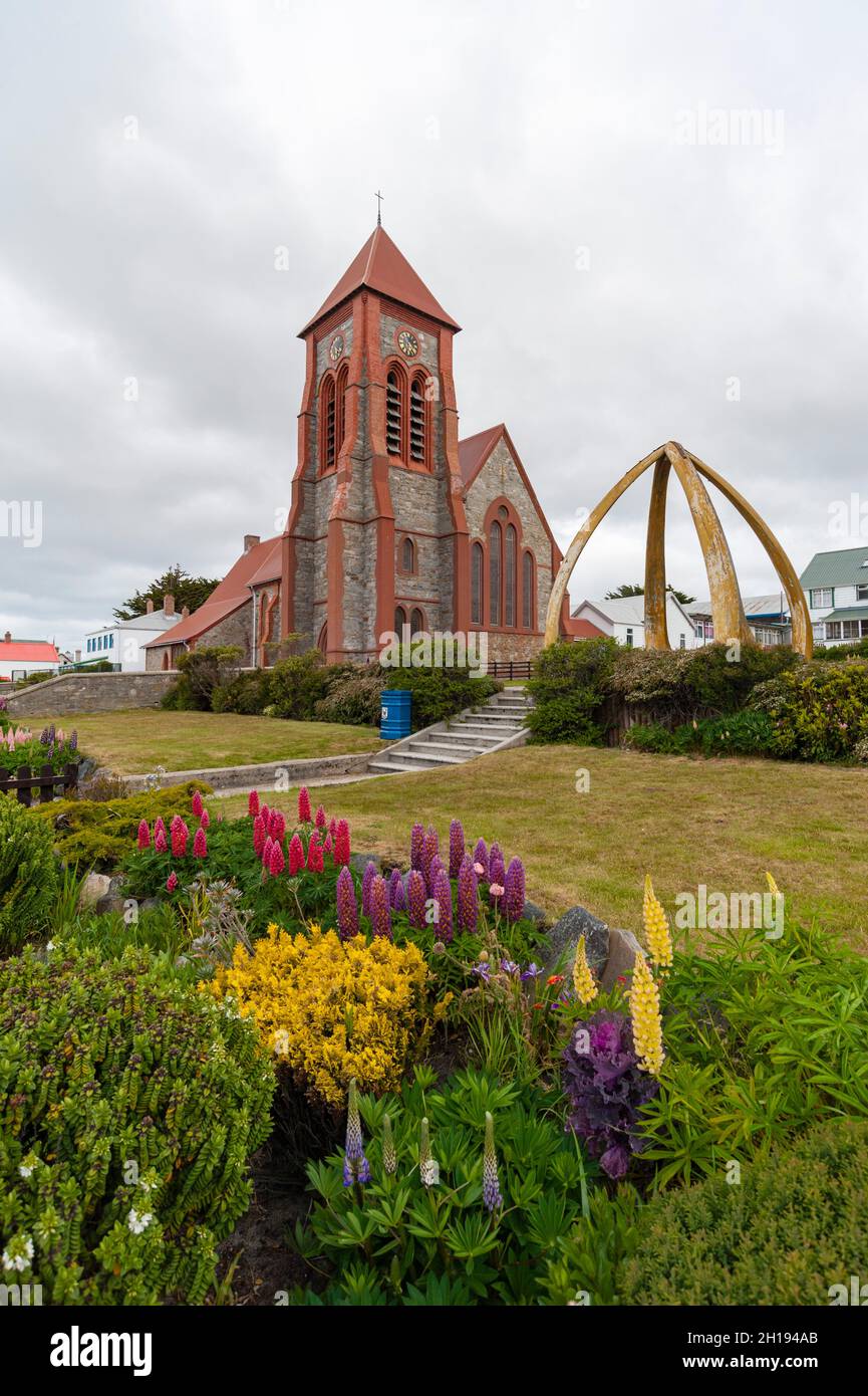 Christ Church Cathedral and the Whalebone Arch in Stanley, the capital ...