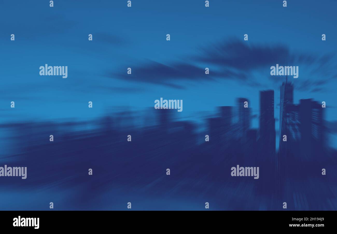 Colorful blue New York City skyline buildings with abstract blurred ...