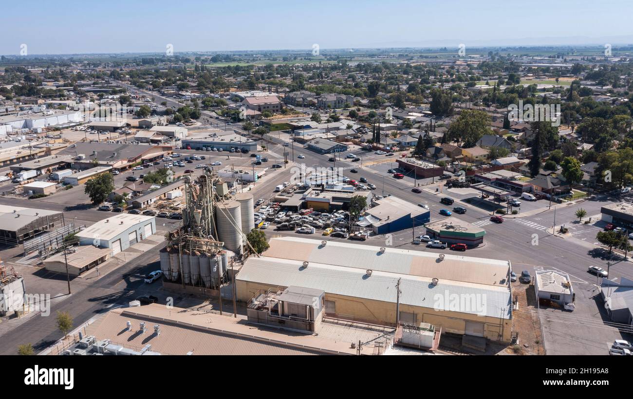 Daytime aerial view of the industrial core of downtown Turlock ...