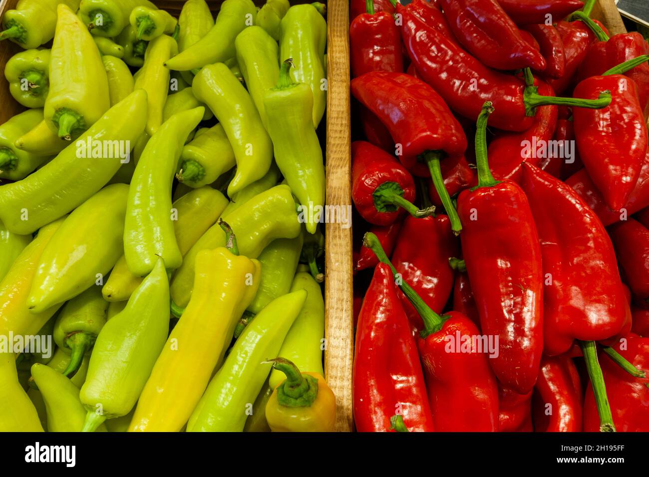 A variety of organic pepperoni peppers for sale. Paros Island, Cyclades ...