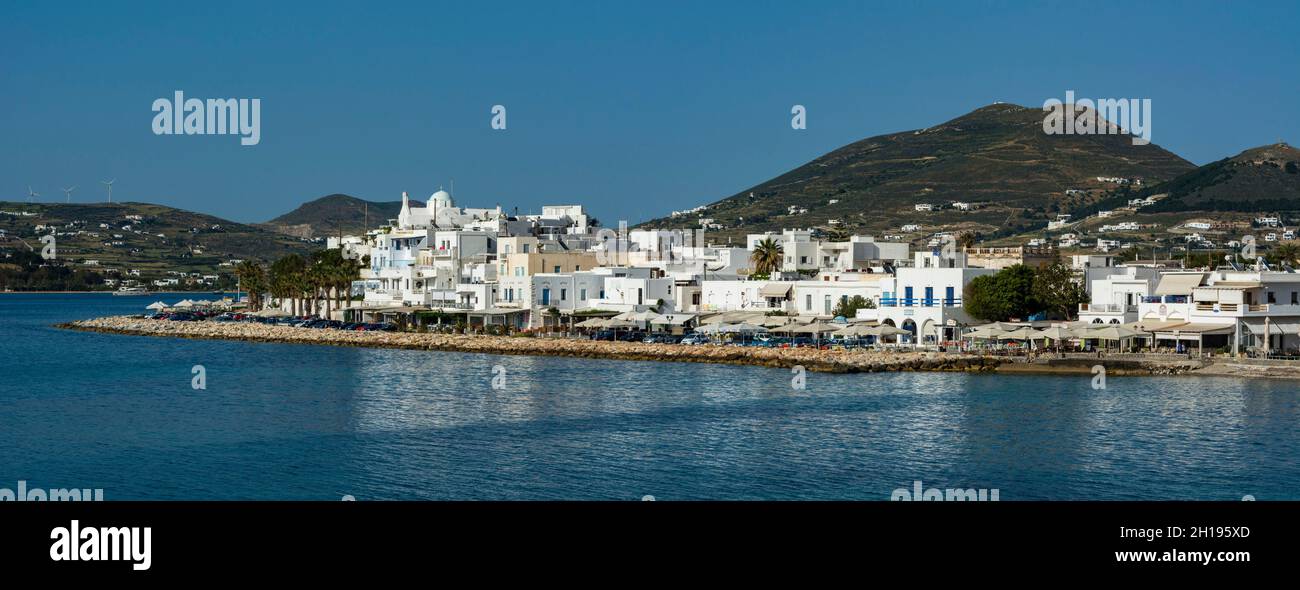 A scenic panoramic view of the Parikia waterfront, on the Aegean Sea ...