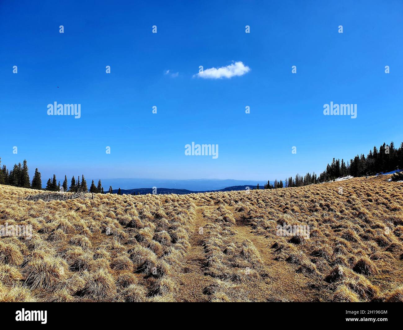 An empty and desolate landscape with blue sky and small white cloud ...