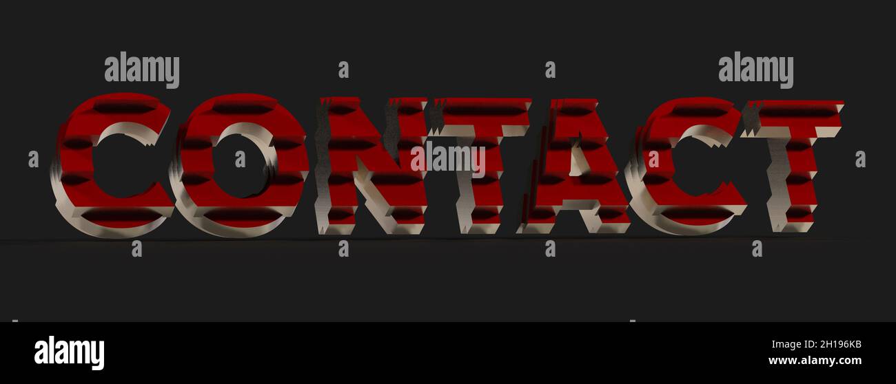 A 3d rendering of the word CONTACT with red and black lines on a black ...