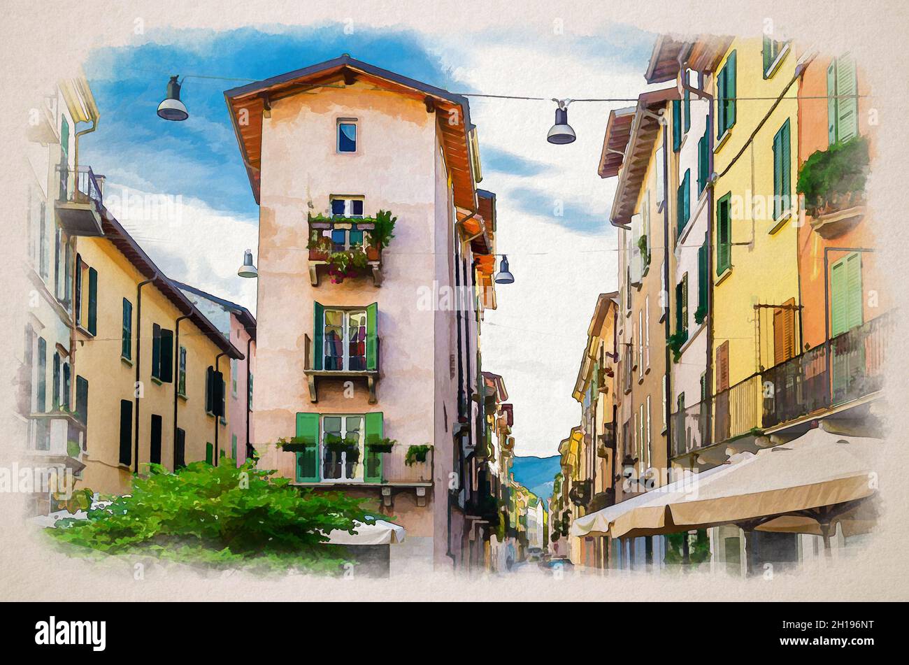 Watercolor drawing of Traditional colorful building with balconies ...