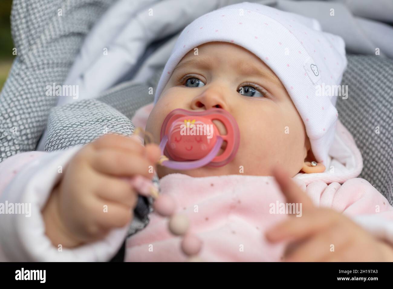 Baby girl with a pacifier in his mouth sitting in a stroller outdoor ...