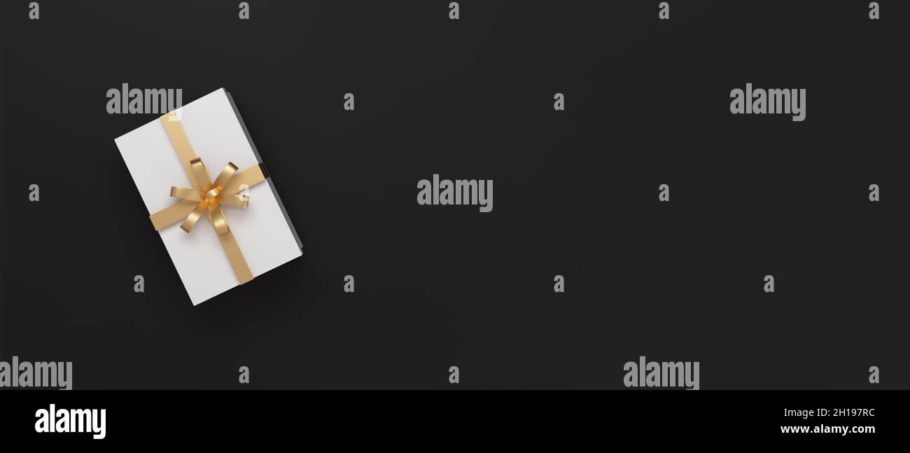 White gift box with golden ribbon on black background. 3D Illustration ...