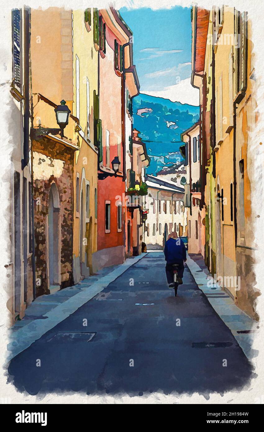 Watercolor drawing of Brescia Typical italian street with old colorful ...