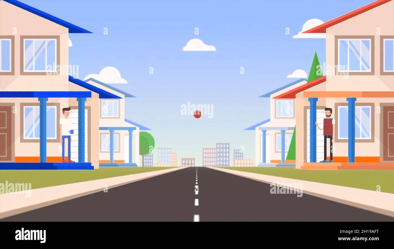 Animation of two cartoon men, standing on the threshold of their houses ...
