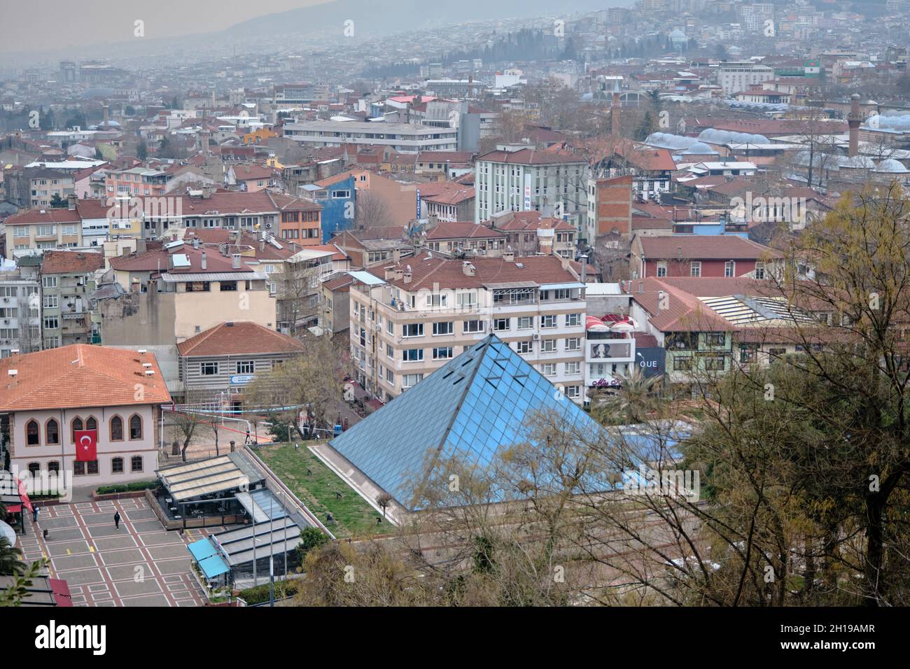 Turkey. Pyramid made of glass material (zafer plaza) in center of Bursa ...