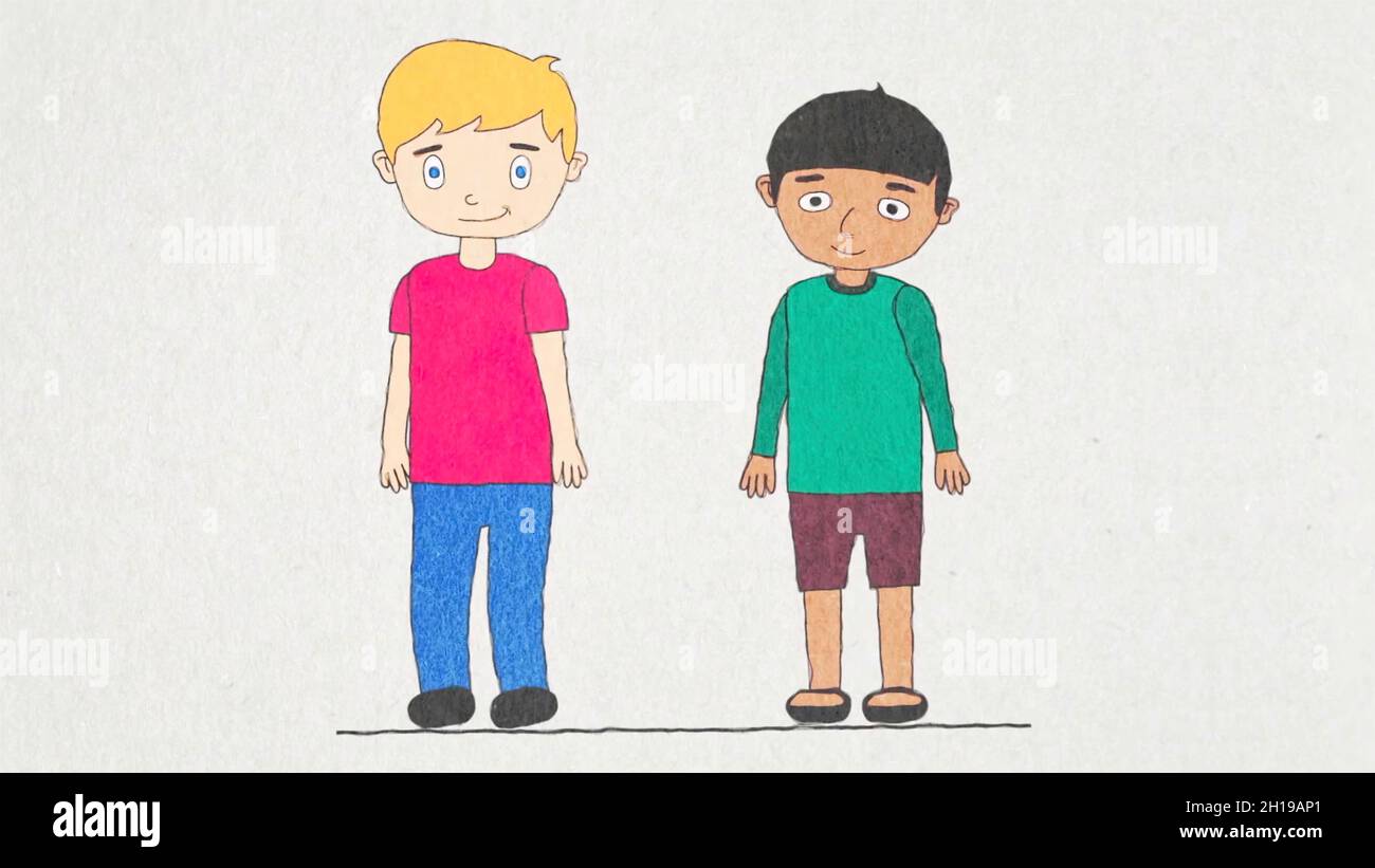 Animation of two cartoon boys of different races in a window of large ...