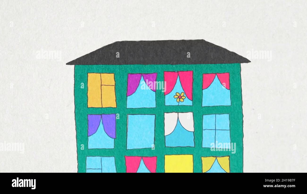 Animation of two cartoon boys of different races in a window of large ...