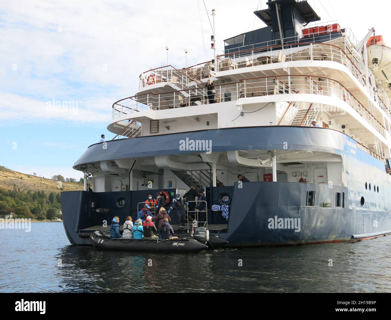 The expedition cruise ship MS Island Sky is moored out in the Holy Loch ...