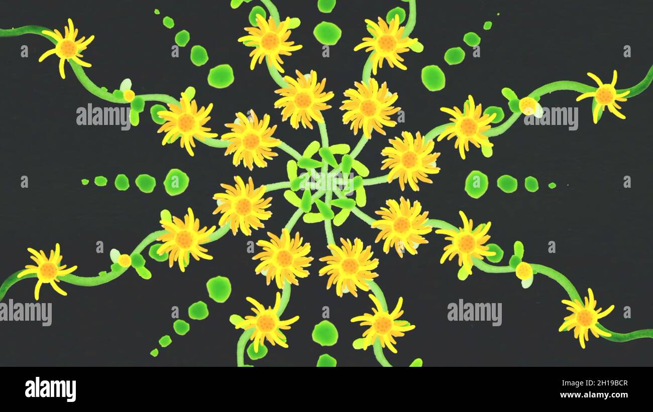 Swirling animation of stylized daisies, spiraling outwards against a ...
