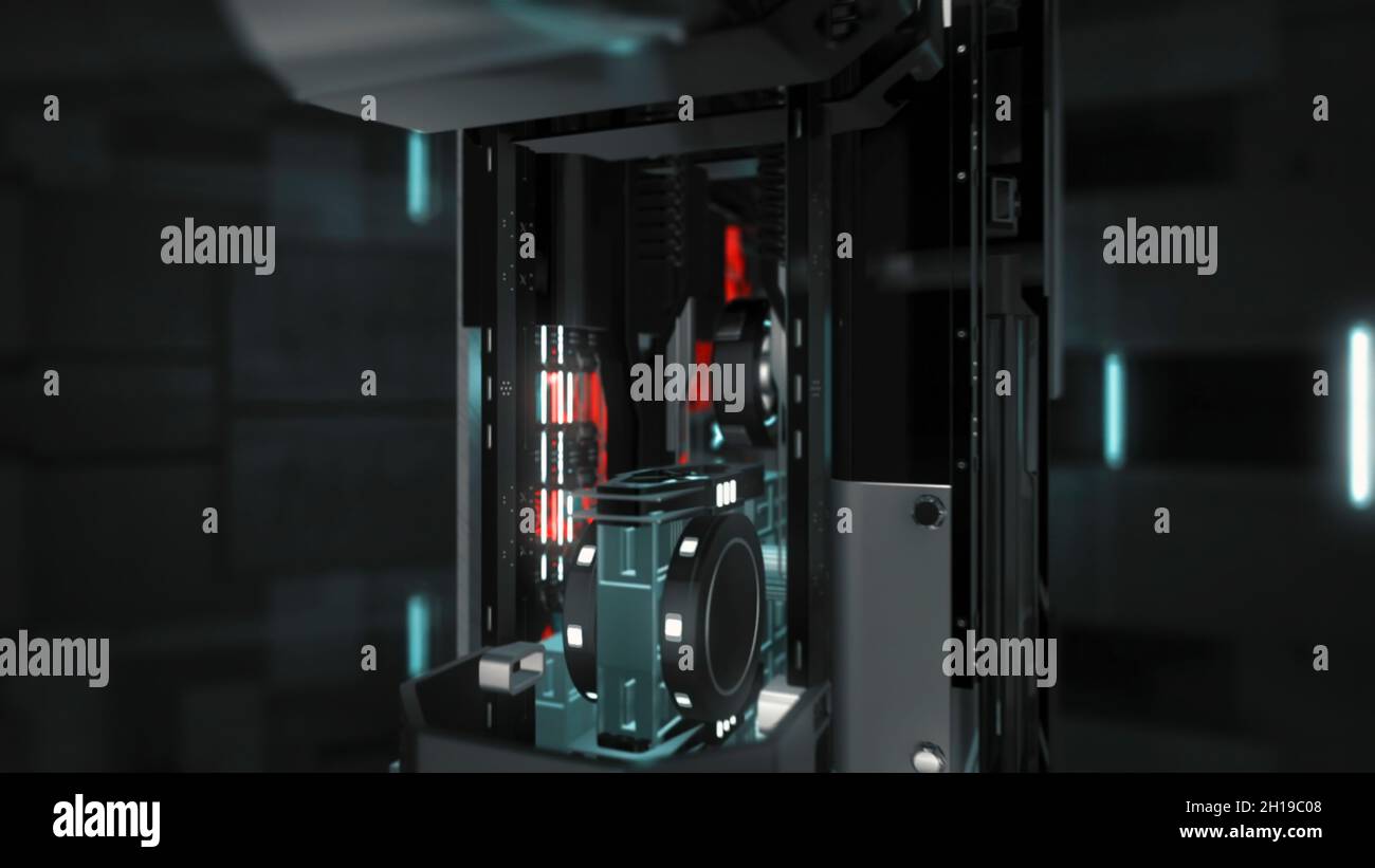 Abstract monochromatic futuristic machine engine. Close up of rotating ...