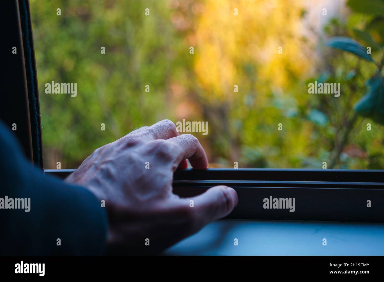 A closeup shot of an old man's hand on the window with a nature view ...