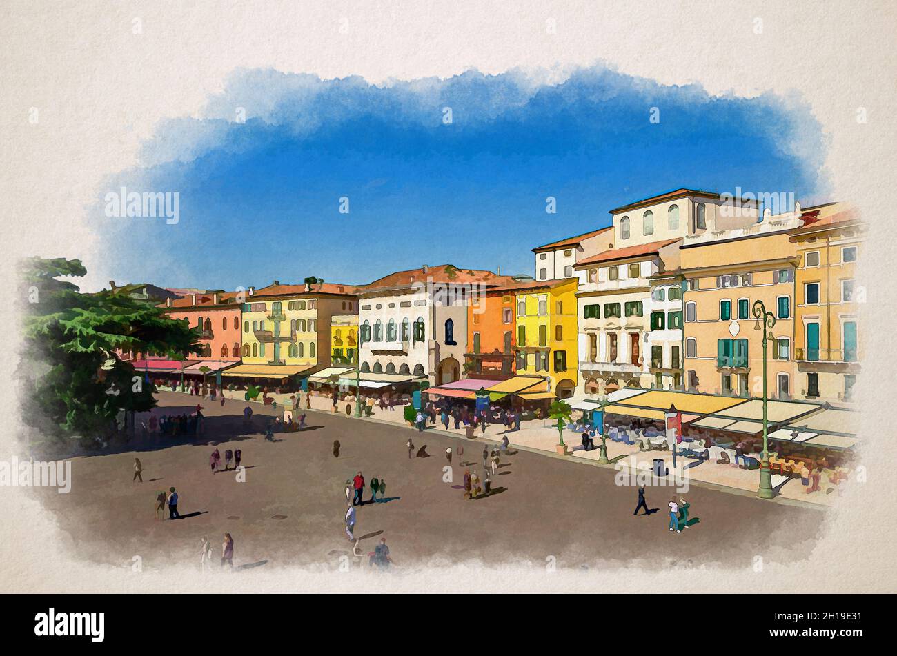 Watercolor drawing of Verona: Piazza Bra square aerial view in ...