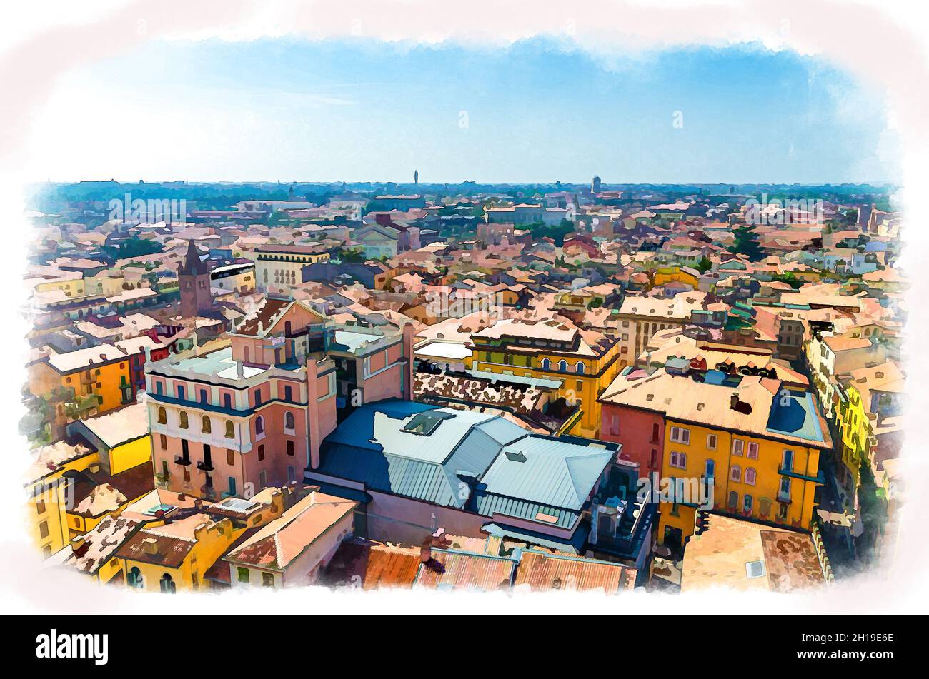Watercolor drawing of Aerial view of Verona city historical centre ...